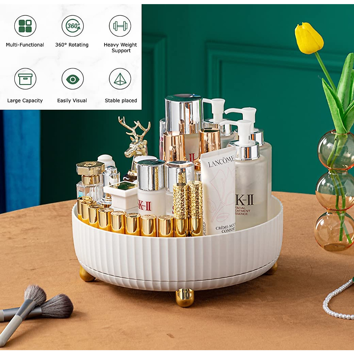 Hibekol 360° Makeup Organizer - 8.66" Diameter Spinning Skincare Perfumes Organizer - Cosmetics Organizer for Vanity Countertop and Bathroom Dresser - Lazy Susan Storage Box (White)