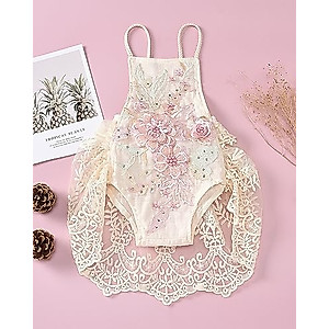 Easisim Newborn Infant Baby Girl Clothes Lace Embroidery Halter Backless Romper Jumpsuit Bodysuit Outfits (Beige,12-18 Months)