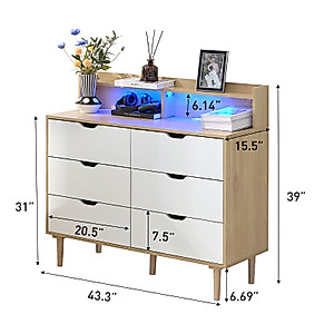 Bonzy Home 6 Drawer Dresser with Charging Station, Wooden Chest of Drawers with LED Light for Closet Hallway, Living Room, Entryway, White