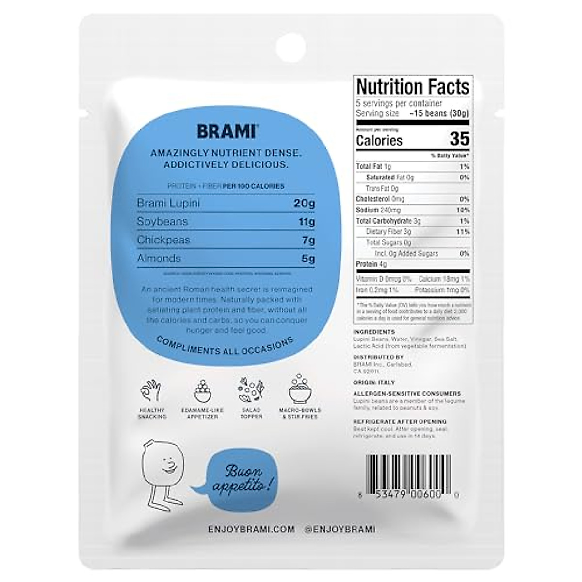 BRAMI Lupini Beans Snack, Sea Salt & Vinegar, 7g Plant Based Protein, 0g Net Carbs, Vegan, Vegetarian, Keto, Mediterranean Diet, Non Perishable, 5.3oz