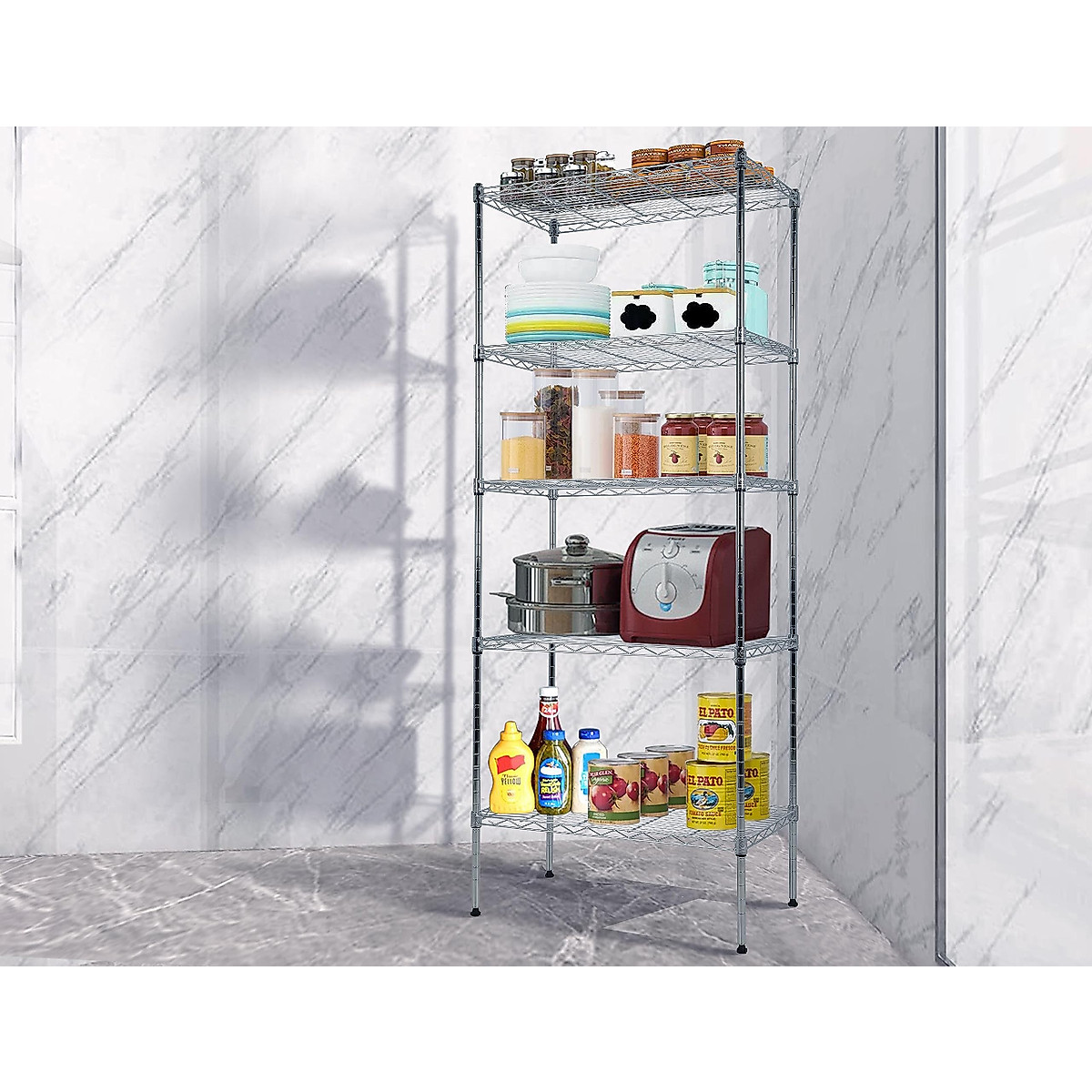 5-Tier Metal Wire Shelving Unit Tall Shelf Storage Rack NSF Certified Storage Shelves 500 Lbs Capacity Standing Utility Shelf for Laundry Kitchen Pantry Garage Organization Snack Shelf