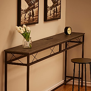 VECELO 71 inches Narrow Console Sofa Table Behind Couch with Power Outlet and USB Ports, 12'' Skinny Long Charging Stations for Entryway, Living Room, Foyer, Dark Grey