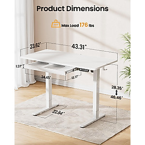 ErGear Standing Desk with Drawer, 44 x 24 inch Electric Height Adjustable Desk with 4 Preset Heights & 2 Storage Hooks, Sit Stand Desk with Drawer, Computer Home Office Desk with Splice Board, White