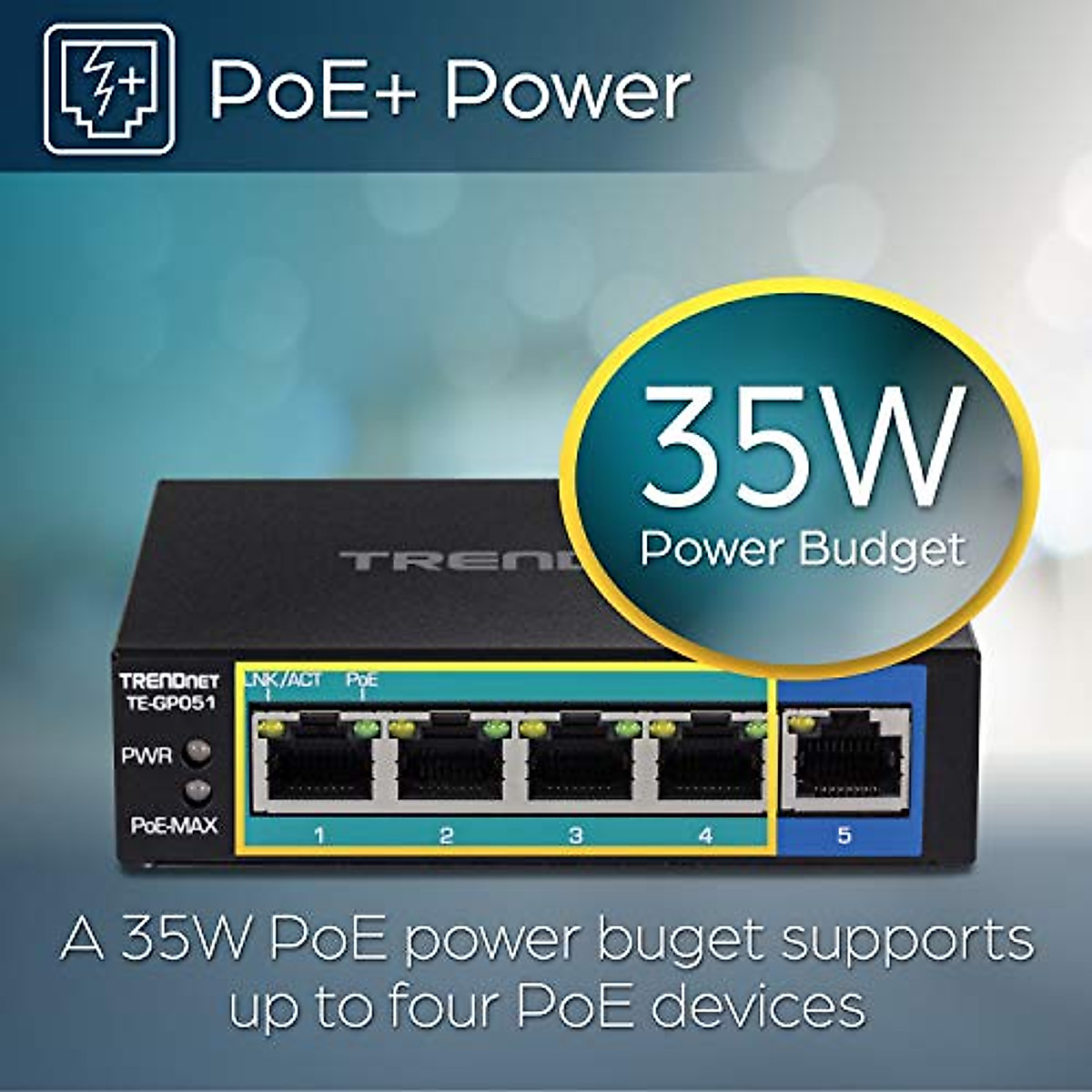 TRENDnet 5-Port Unmanaged Gigabit PoE+ Switch, 4 x Gigabit PoE+, 1 x Gigabit Port, 10Gbps Switching Capacity, 35W PoE Power Budget, Metal Network Ethernet Switch, Fanless, Black, TE-GP051