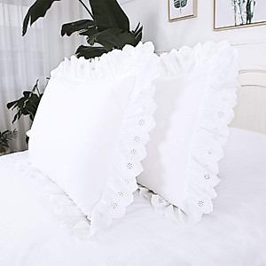 Eyelet Pillow Shams White Lace Ruffled Standard Shabby Chic Set of 2 Pillowcases Scalloped Farmhouse Country French Pretty Girls Cute Ruffle Embroidered 2 Pieces 20×26 Vintage Cotton 100%