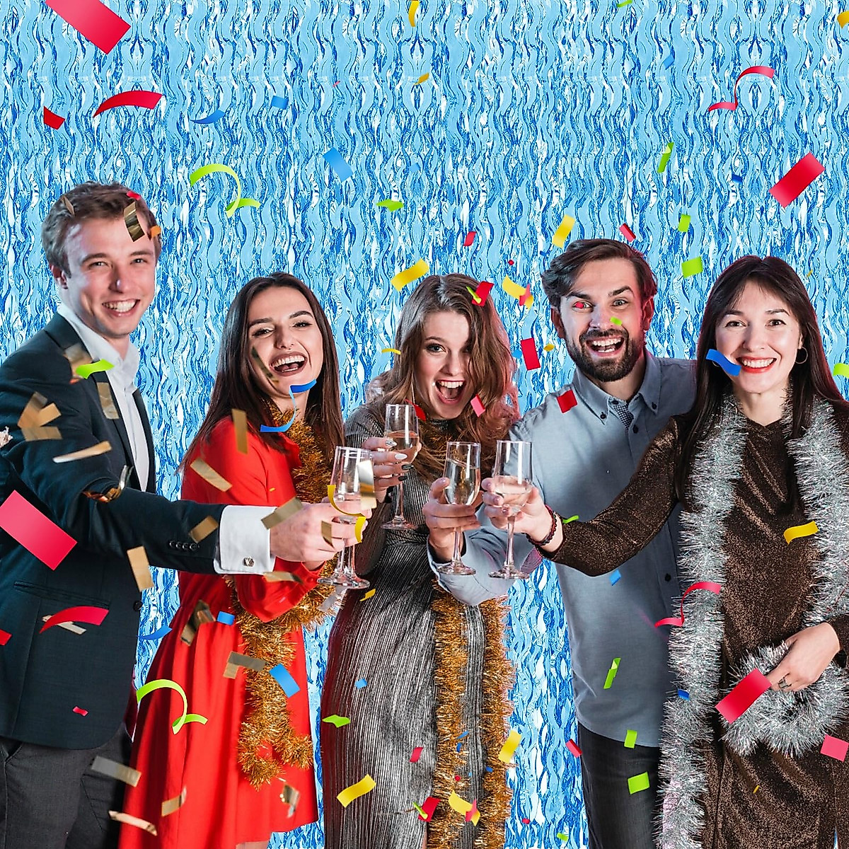 PIGETALE 2 Pack 3.2x6.5 Feet Wavy Blue Backdrop Curtain Tinsel Streamers Foil Fringe Backdrop Ocean Themed Decor Baby Shower Bachelorette Disco Winter Under The Sea Summer Pool Beach Party Decorations