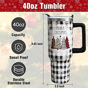 40 oz Christmas Tumblers with Handle and Straw, Christmas Tree Buffalo 40oz Stainless Steel Vacuum Insulated Travel Coffee Mug Cup Water Bottle, Christmas Decor Stuff Accessories Gifts for Women