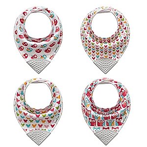 Baby Bibs Bandana Drool Bibs with Teether 4 Pack for Infant, Boys, Girls, Unisex 100% Cotton Drooling Bibs Soft and Absorbent (Colored owl)