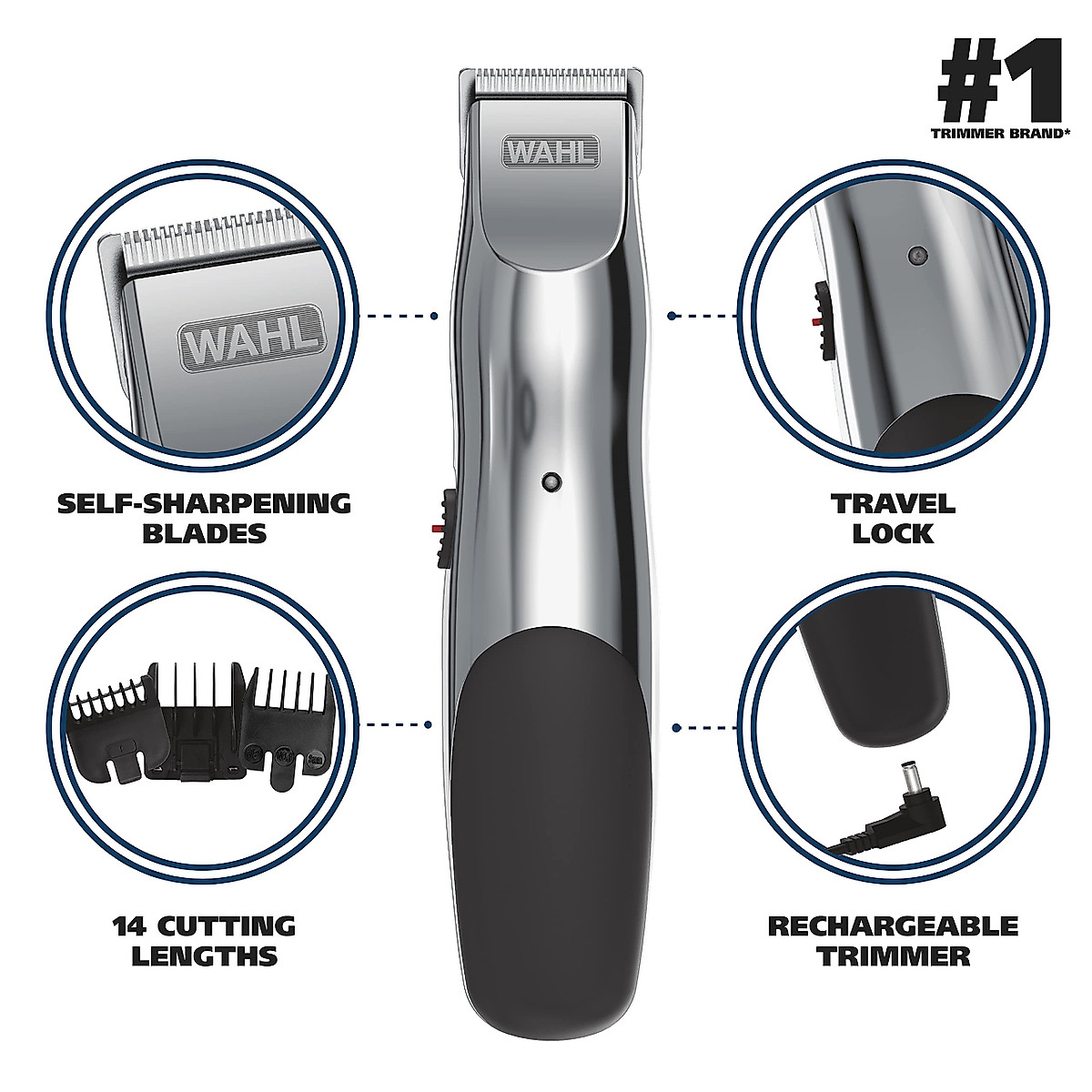 Wahl Cordless Rechargeable Beard Trimmer for Men with Self-Sharpening Blades, Travel Lock, & 14 Cutting Lengths – Model 9916-4301V
