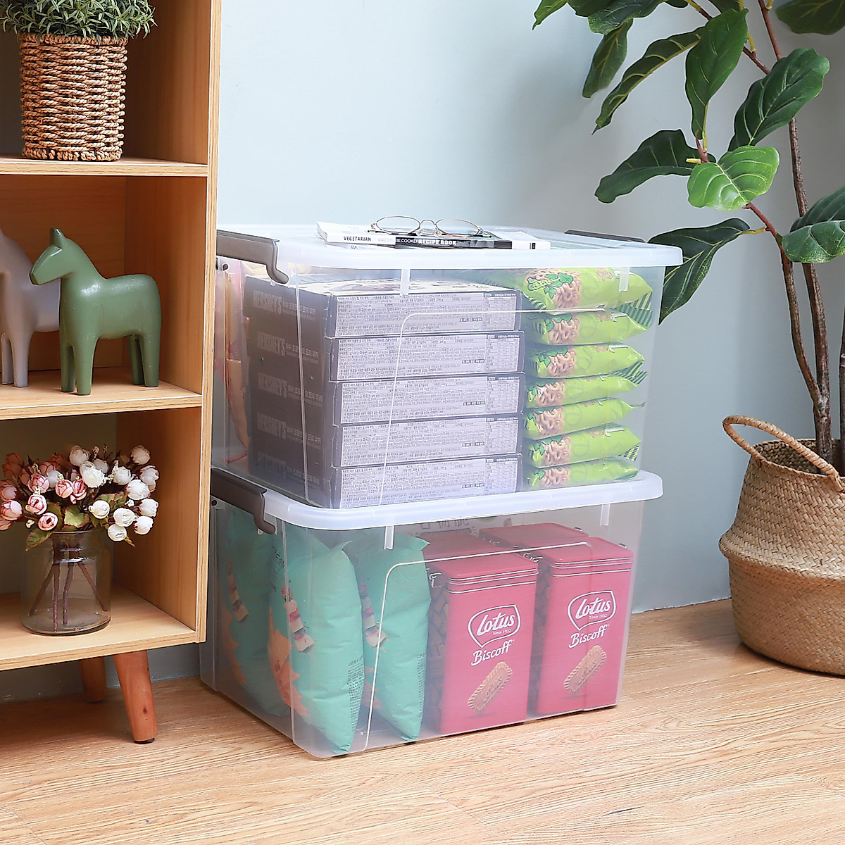 Bienvoun Plastic Storage Bins with Lids,Stackable Storage Containers for Organizing,Large Clear Storage Box 45QT 6 Packs