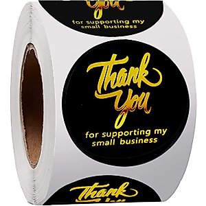 2 Inch Thank You Stickers Small Business - 500 Round Labels with 4 Designs – Black Stickers Roll with Gold Font Thank You - Waterproof Packaging for Business Boutiques Retailers