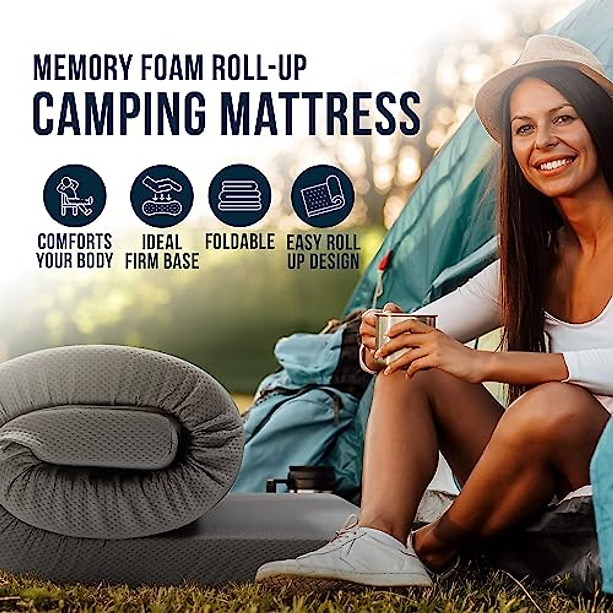 Foamma 3" x 26" x 63" Memory Foam Roll-Up Camping Mattress, CertiPUR-US Certified Foam, Quilted Soft Cover, Made in USA, Portable and Comfortable