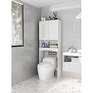 Over The Toilet Storage Cabinet with 2 Doors and Shelf, 3-Tier Space Saving Organizer Rack, Stable Freestanding Above Toilet Stand, Bathroom Cabinet for Bathroom, Restroom, Laundry, White