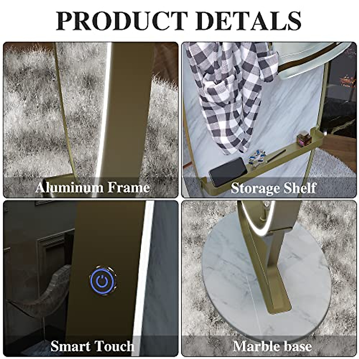 ANYHI 73 x 23 Inch Standing LED Mirror Full Length, Full Length Mirror with Lights, 360°Swivel Large Full Body Mirror with Lights, Lighted Free Standing Up Floor Mirror Full Length (Gold)