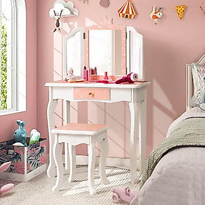 Costzon Kids Vanity Table and Chair Set, Girls Vanity Set with Mirror and Stool, Storage Drawer, Wooden Princess Makeup Dressing Table, Toddler Vanity, Pretend Play Vanity Set for Little Girls