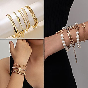 IFKM 36 PCS Gold Plated Jewelry Set with 4 PCS Necklace, 11 PCS Bracelet, 7 PCS Ear Cuffs Earring, 14 Pcs Knuckle Rings for Women Girls Valentine Anniversary Birthday Friendship Gift