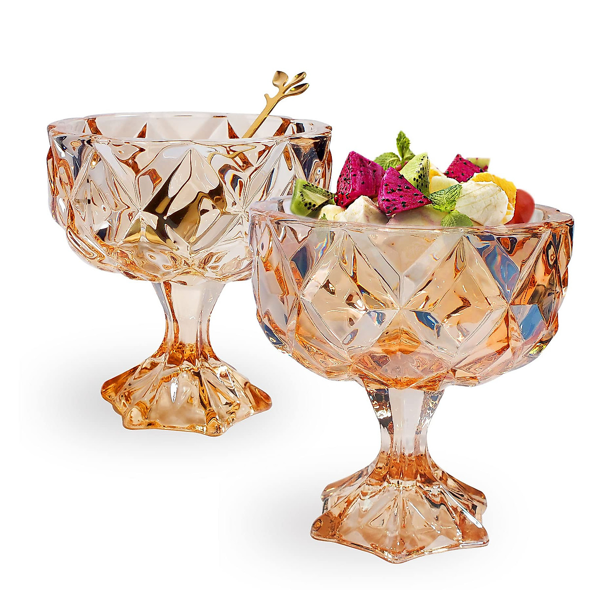 binsakao Amber Glass Dessert Bowls with Spoon, Ice Cream Bowls for Fruit Salad Milkshakes Trifle Pudding Snack Cocktail Drinks Condiment Sundae Party (10 oz, Set of 2)