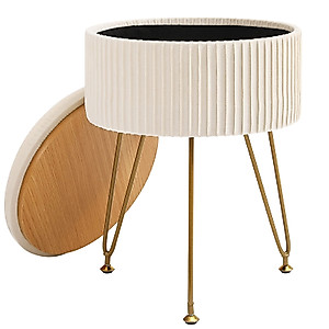 CUYOCA Round Storage Ottoman with Tray, Vanity Stool with Storage for Living Room Makeup Room, Coffee Table Foot Rest Stool for Vanity, Velvet White