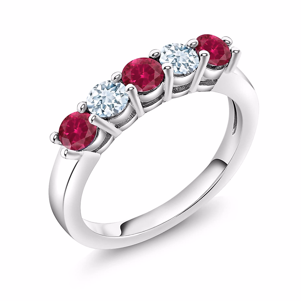 Gem Stone King 925 Sterling Silver Red Created Ruby and Sky Blue Aquamarine 5-Stone Wedding Anniversary Band Ring For Women (1.09 Cttw, Gemstone July Birthstone, Available In Size 5, 6, 7, 8, 9)