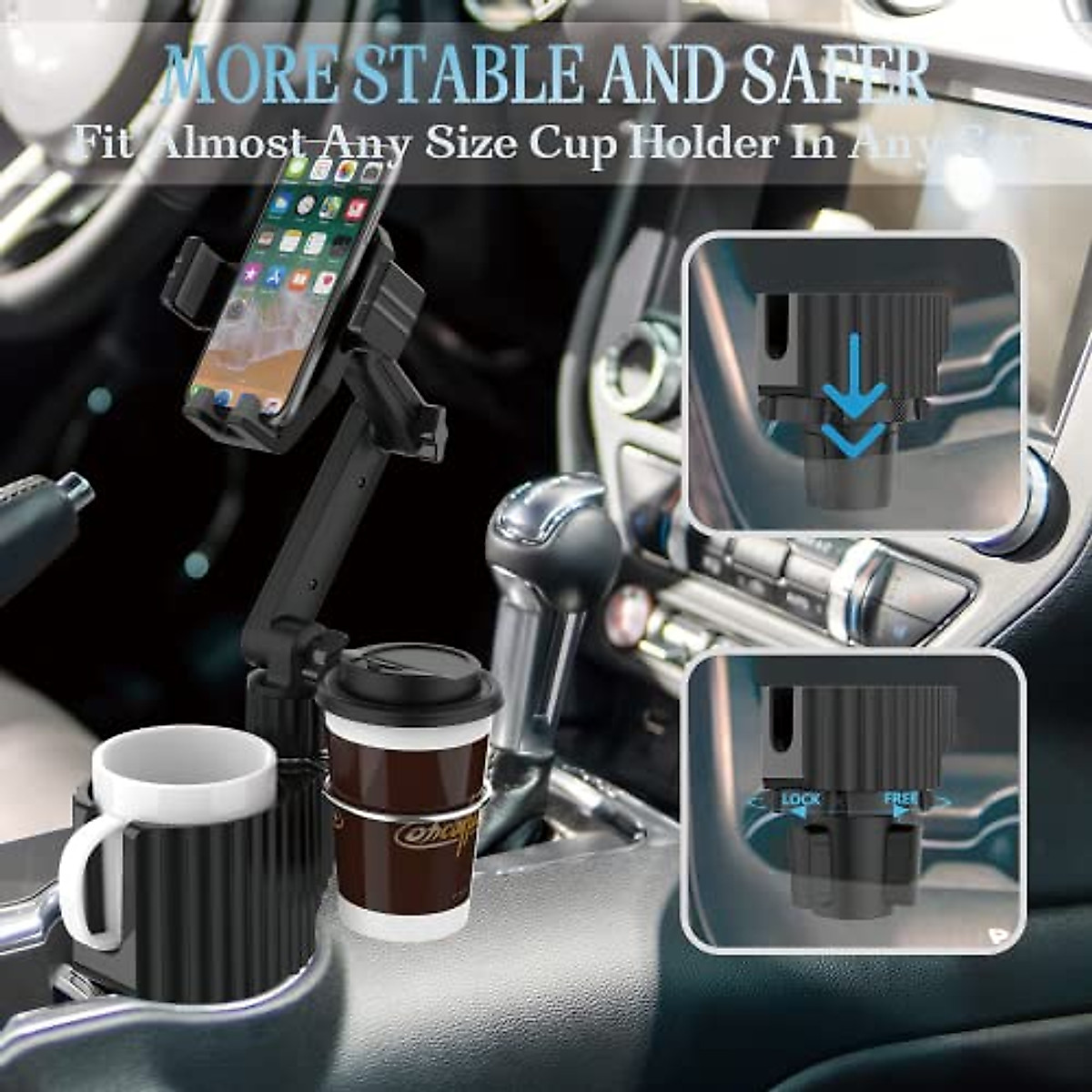 WUITIN Car Cup Holder Phone Mount,Universal Auto Cell Phone Stand with Drink Expand Cup Holder,360° Rotation Compatible with All Mobile Phones and All Car