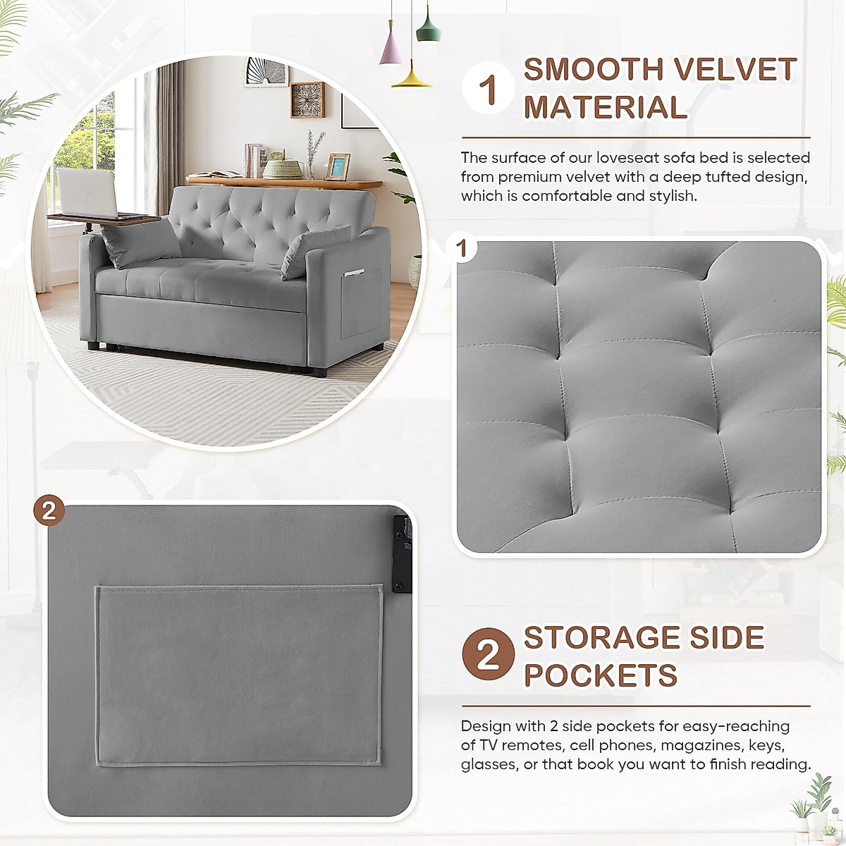 Antetek 3 in 1 Convertible Sofa Bed w/360° Rotating Side Table, 53" Modern Velvet Loveseat Sofa, Sleeper Pullout Bed w/Adjustable Backrest for Living Room Apartment, Office, Small Space, Grey