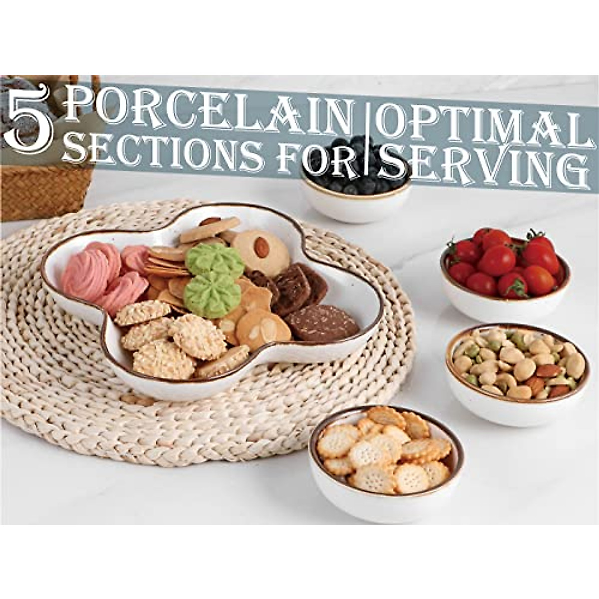 ONEMORE Chip and Dip Serving Set, 10 inch Ceramic Divided Serving Platter Large Appetizer Tray with 4 Removable Dishes for Nuts, Candy, Snacks, Veggies - Creamy White Serving Bowls for Entertaining