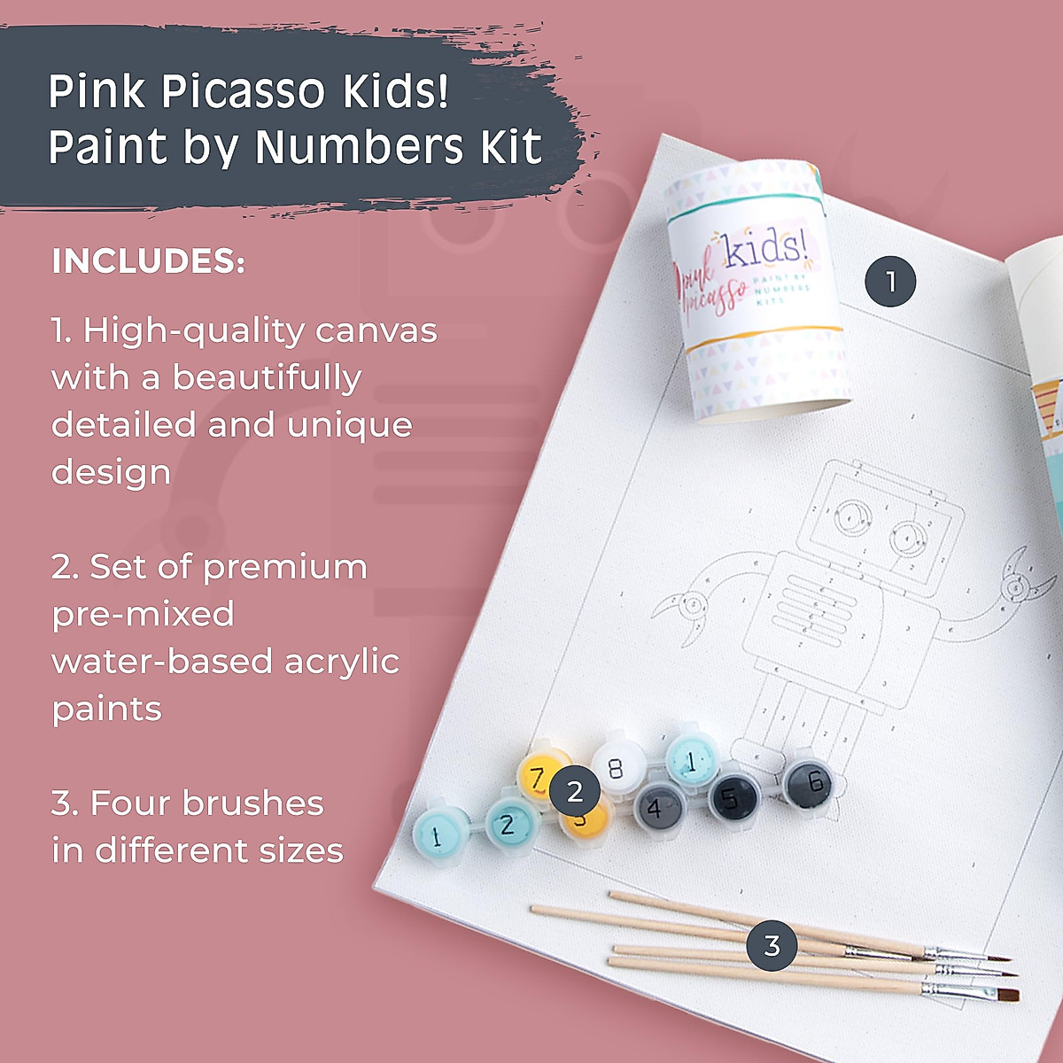 Pink Picasso Kits Paint by Number for Kids Ages 5-12 | DIY 8x10 Beginners Kids Paint Set Color by Numbers Canvas Painting Kits | As Seen On Shark Tank & Oprah's Favorite Thing| (Robot)