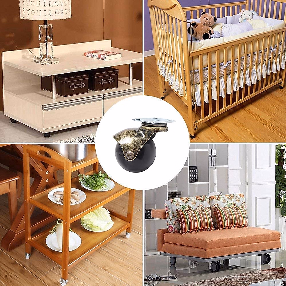 1.5 Inch Ball Caster Wheels, Small Wheels for Furniture, Furniture Casters Set of 4, Antique Brass Top Plate Castors for Furniture, Coffee Table, Ottoman (Screws Included)