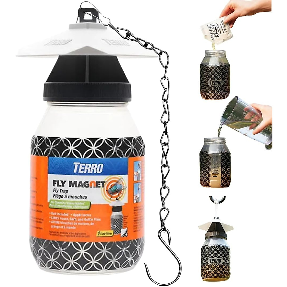 TERRO Fly Magnet, Reusable Fly Trap - Includes One Fly Bait Packet and Heavy Duty 9.5 Plexon Supply Hanging Chain and Magnet Replacement Bait, Orange.Black