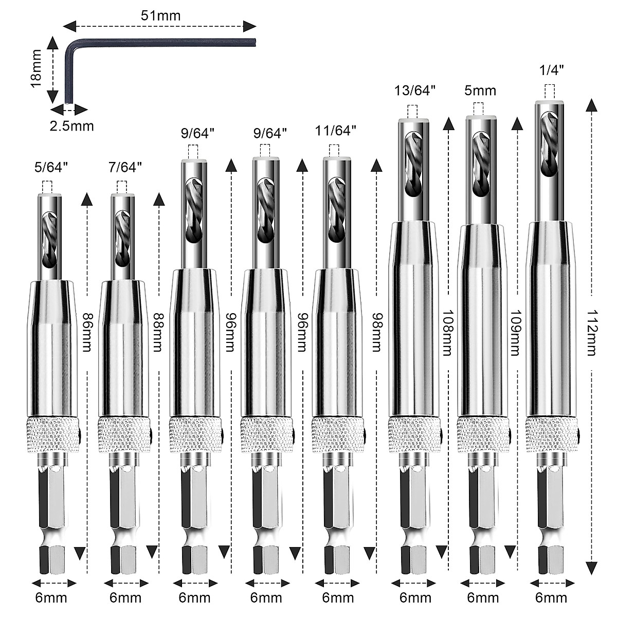 AIMLENTOOL 17pcs VIX Bits Self Centering Drill Bit Set, 1/4" Hex Shank Self Centering Hinge Tapper Core Drill Bit for Woodworking Window Door Hinge with 1 Hex Key & 8 Drill Bits 5/64-1/4"