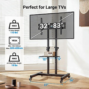 Mobile TV Stand on Wheels for 32-70 Inch Flat/Curved Panel Screens TVs - Height Adjustable Floor Trolley Stand Holds up to 99lbs - Tilt Rolling TV Cart with Shelf Max VESA 600x400mm