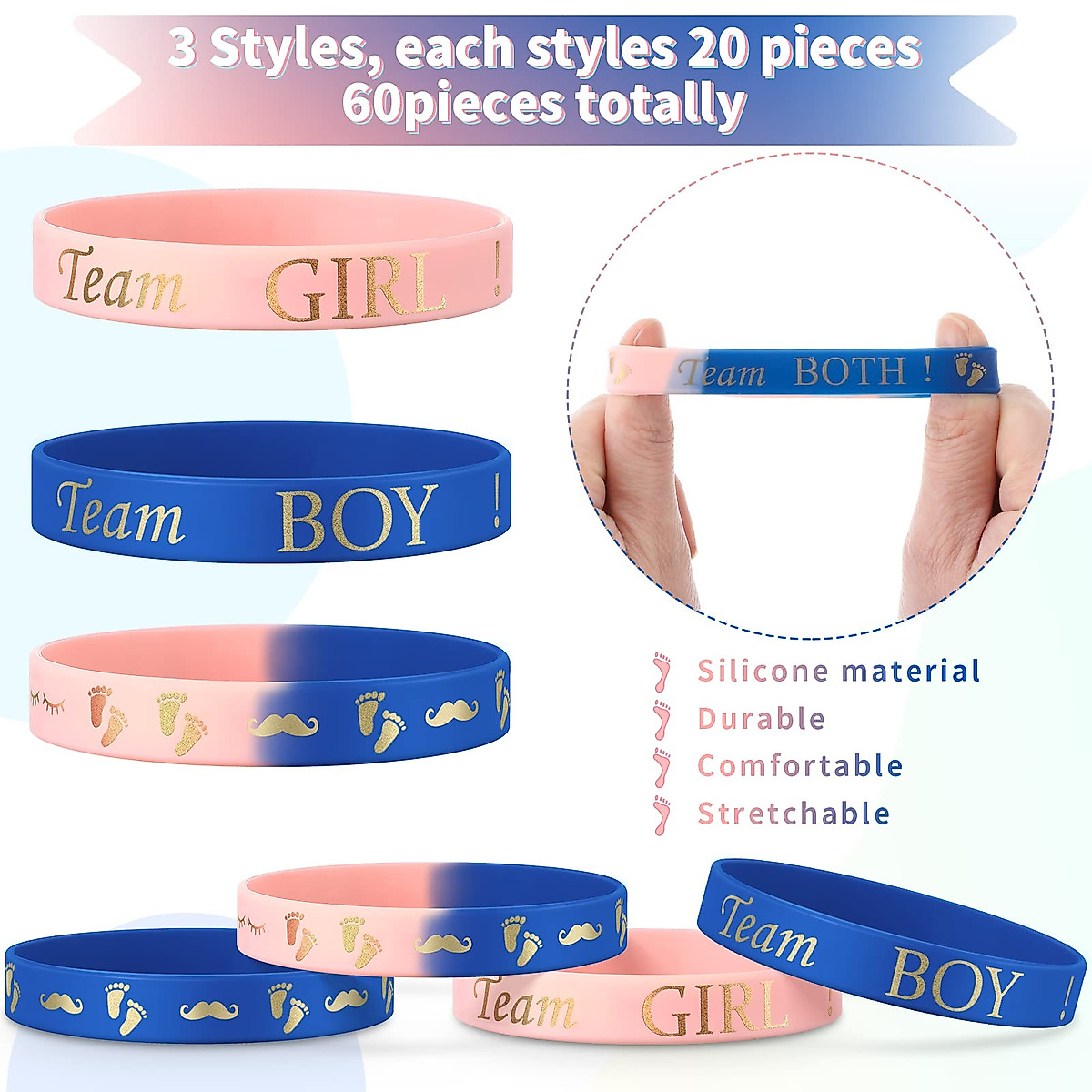 Hicarer 30 Pieces Gender Reveal Bracelets, Team Boy Silicone Wristbands Team Girl Gender Reveal Party Bracelets Team Both Rubber Wristband for Baby Shower Gender Reveal Party Favor Supplies