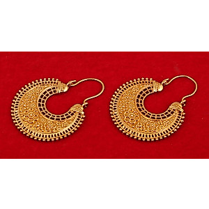 Touchstone Indian bollywood pretty fringes and floral theme ethnic south Indian chandbali moon bridal designer jewelry chandelier earrings for women in antique gold tone.