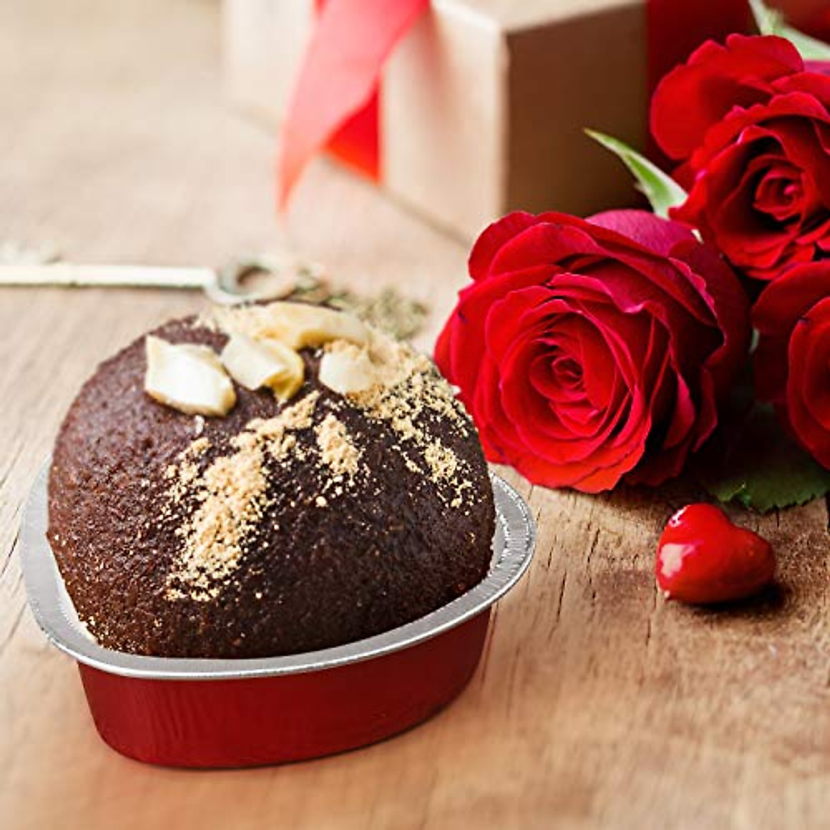 Aluminum Foil Cake Pan Heart Shaped Cupcake Cup with Lids 100 ml/ 3.4 Ounces Disposable Mini Cupcake Cup Flan Baking Cups for Valentine Mother's Day Wedding Xmas Birthday (Red,40 Sets)