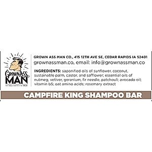 Grown Ass Man Co. - Solid Shampoo Bar Rich Lather 3 in 1: Hair, Beard & Body Wash - Plastic Free & Eco-Friendly, Natural & Organic Clean for All Hair Types, 4oz Bar (Campfire King, Single)