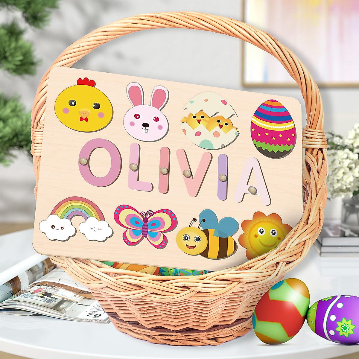 Personalized Wooden Name Puzzle for Kids, Custom Baby Gifts with Engraved Text on Back, 1st Birthday Gifts for Girls Boys, Easter Basket Stuffers for Toddler, Early Learning Toys for Baby