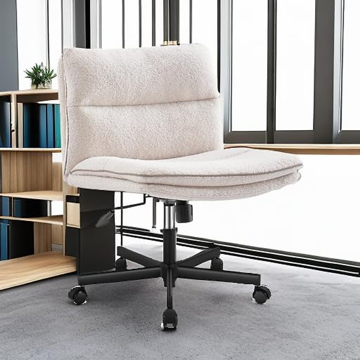 EMIAH Armless Office Desk Chair with Wheels Faux Fur Vanity Mid-Back Ergonomic Home Computer Comfortable Adjustable Swivel Furry Task Chair with Thickened Cushion