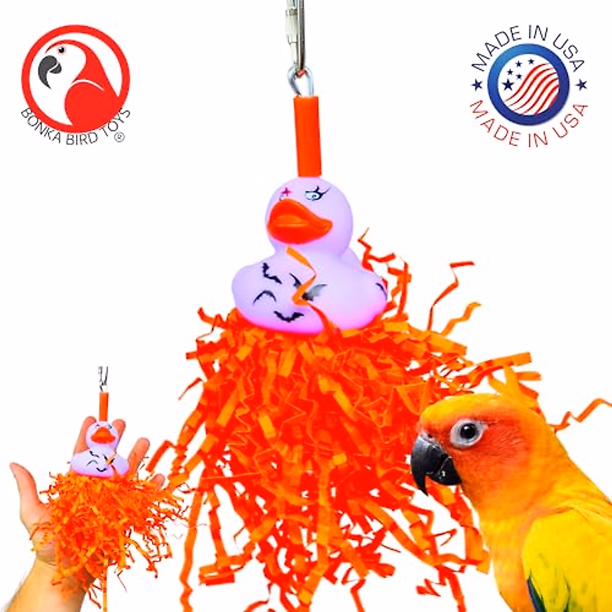 Bonka Bird Toys Halloween Ducks 8" x 3.50", Medium Parrot Chew Preen Spooky Cage Toy, Conure, Quaker, Cockatiel, and Similar (2958 Bat Duck)