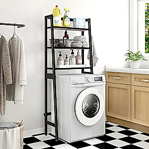 MallKing Over The Toilet Storage, Wooden 3-Tier Over-The-Toilet Rack Bathroom Space Saver Organizer, Freestanding Above Toilet with Toilet Paper Holder and Hooks (Black)