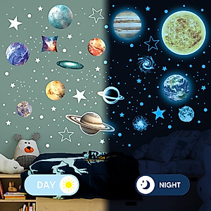 Glow in The Dark Stars and Planets for Ceiling, Glow Solar System Wall Stickers, Space Wall Decals for Kids Boys Room (Blue)