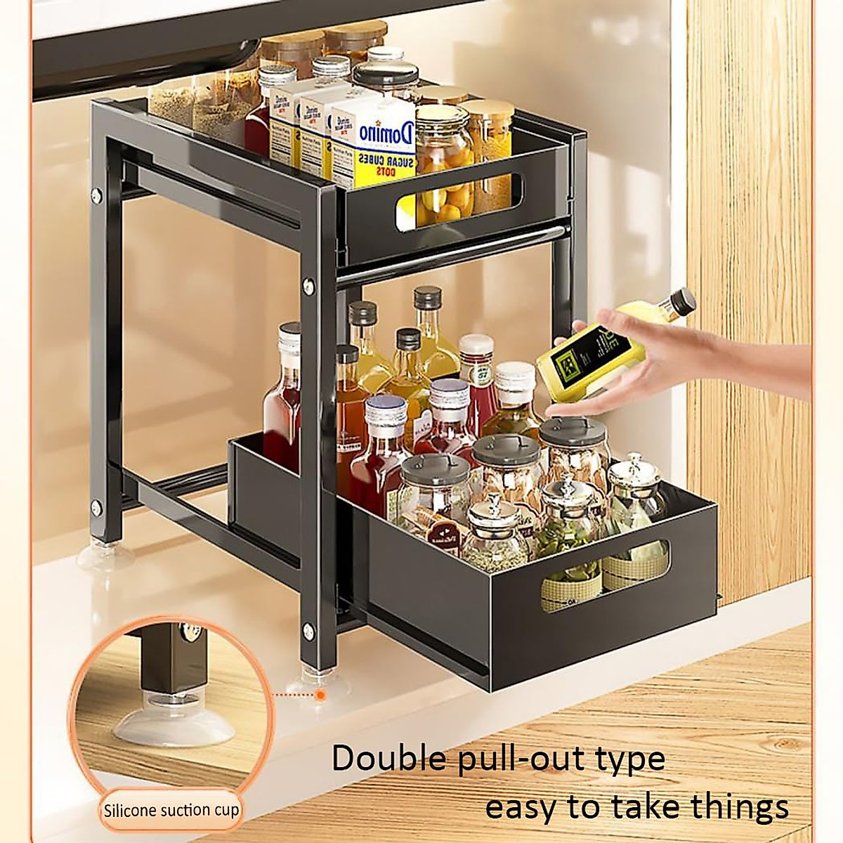 Under Sink Organizer and Storage - PFDHQS Upgraded All Metal, 2 Layers Pull-Out, Large Capacity - Ideal for Bathroom and Kitchen Cabinet Organization and Storage (Black-1Piece)