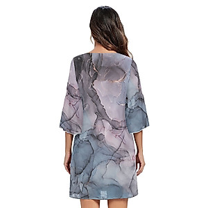 Mixing Acrylic Paints Modern Fluid Alcohol Ink Art Marble Stone Women V Neck Chiffon Dress, Casual Loose Breathable Mini Flowy Shift Dresses, Long Sleeve A Line Dress Sun Dress(L)