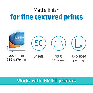 HP Professional Business Paper, Matte, 8.5x11 in, 48 lb, 50 sheets, works with inkjet printers (4WN01A)