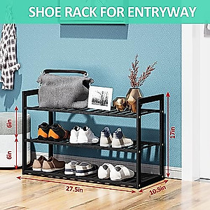 Jripae Bamboo Shoe Rack for Entryway, 3-Tier Stackable Dampproof Black Shoe Racks for Closet Closet Hallway Waterproof Shoe Organizer (Bamboo)