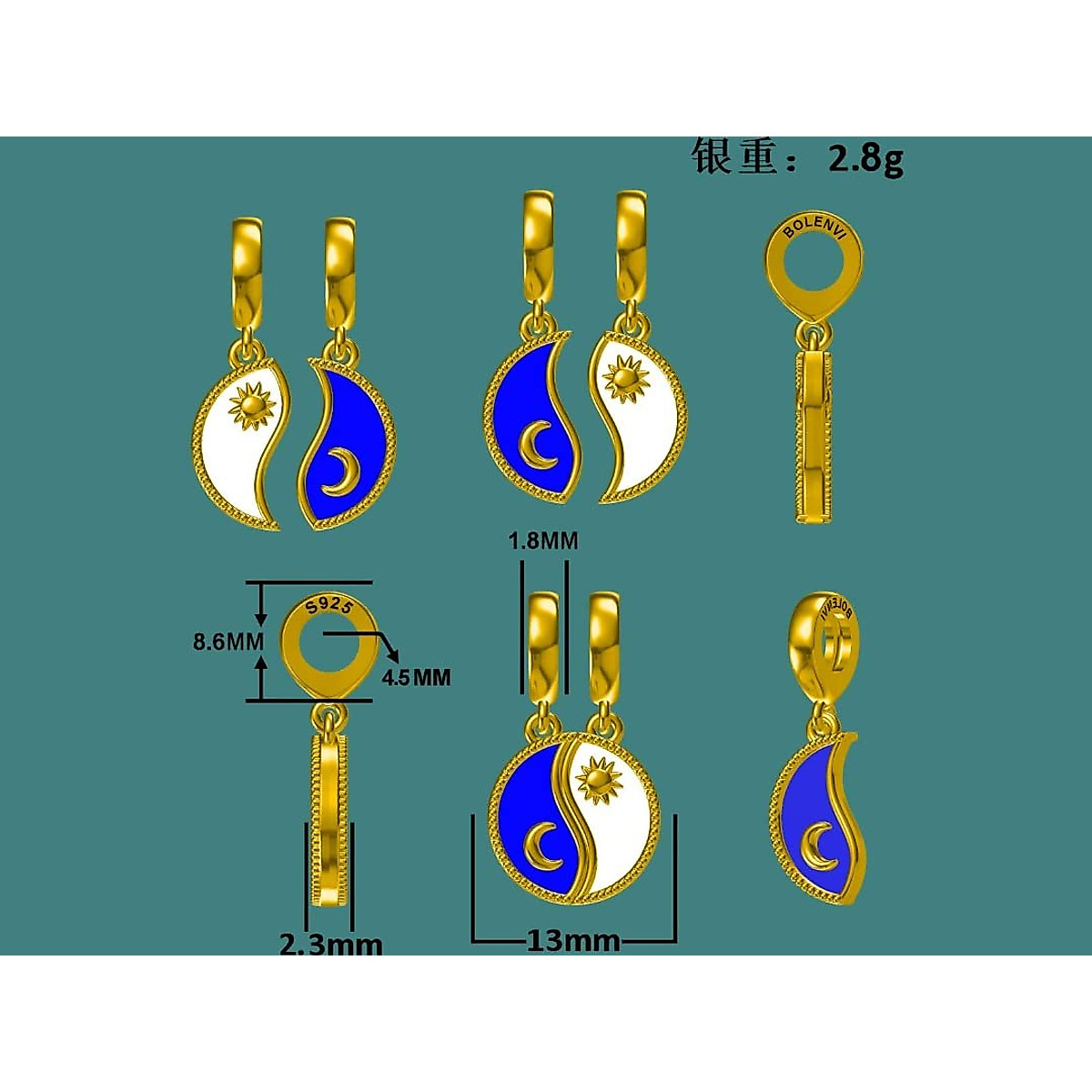 2pc Splittable Sun Moon Sparkling Yin & Yang 925 Sterling Silver Charm Bead For Pandora & Similar Charm Bracelets or Necklaces