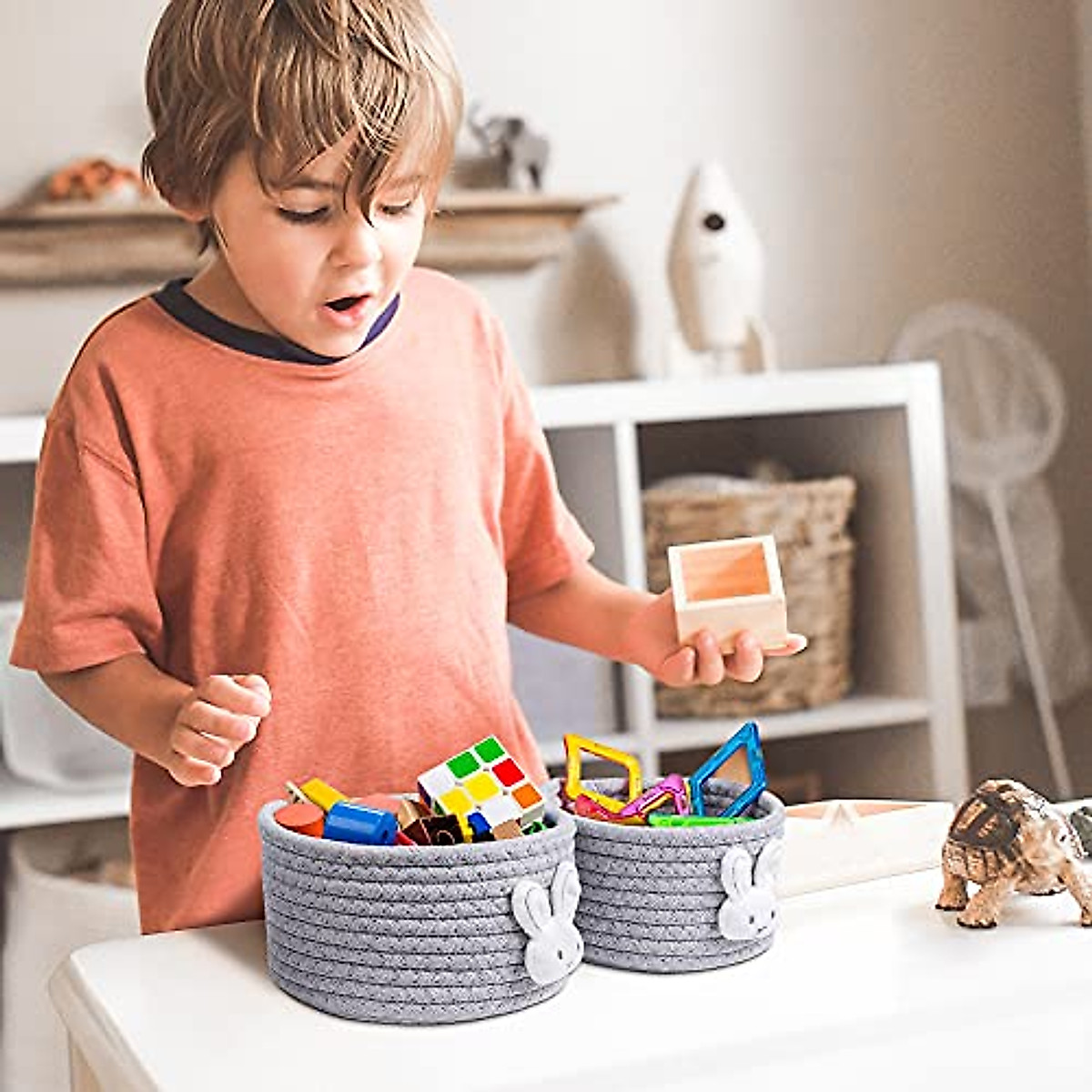LixinJu Small Basket for Organizing Small Woven Basket Set of 2 Bunny Small Rope Basket Decorative Mini Storage Bins Round Little for Desk Dog Cat Toy Kids Baby Girls Gifts, Gray