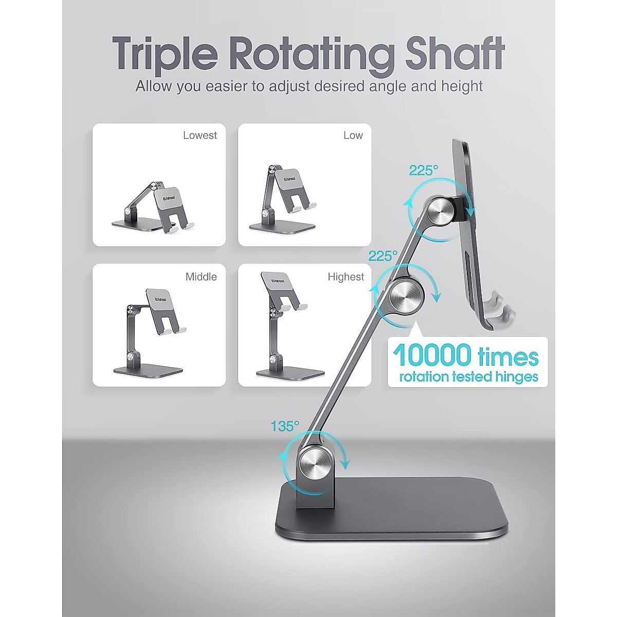 elitehood Aluminum iPad Stand, Adjustable iPad Stand Holder for Desk, Desktop Tablet Stand Dock for iPad Pro 12.9 11, iPad Air Mini 4 5 and More 4-13 inches Tablets, Gray