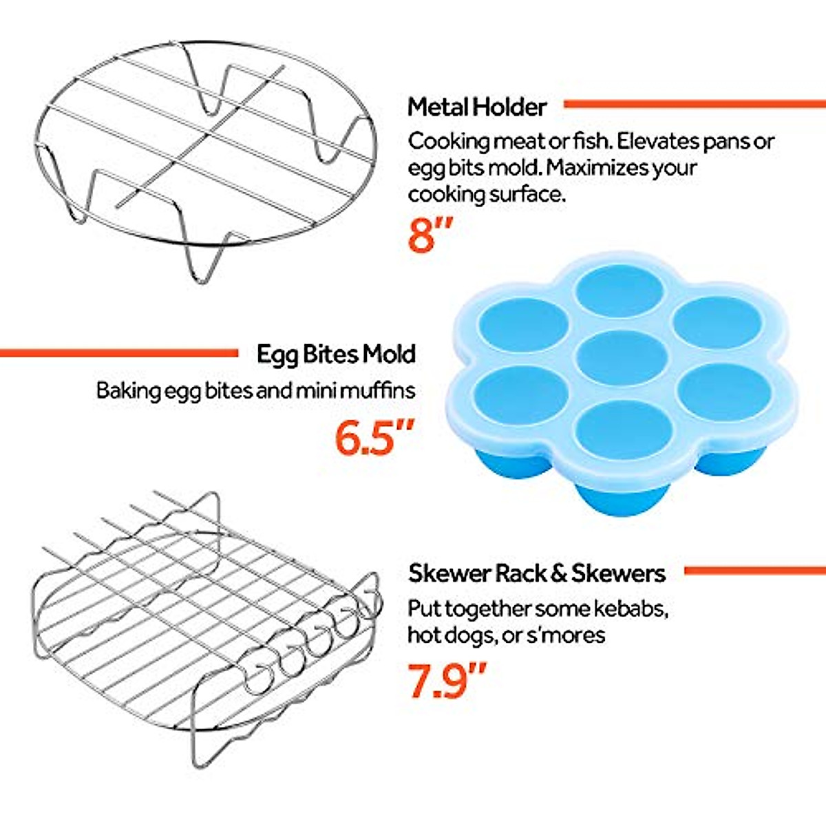 COSORI Air Fryer Accessories, Set of 6 Fit for Most 5.8Qt and Larger Oven Cake & Pizza Pan, Metal Holder, Rack & Skewers, etc, BPA Free, Nonstick Coating, Dishwasher Safe, 5.8 QT, Black