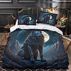EVMILA Gothic Wolf for Teens and Adults Duvet Cover Quilt Cover 3D Print Scary Night Comforter Covers Soft Microfiber with Zipper Closure Bedding Set with Pillow Cases 3 Pieces Twin（173x218cm）