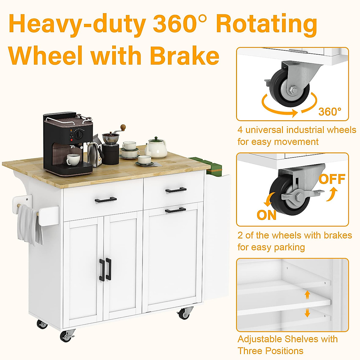 Osfvolr Rolling Kitchen Island with Trash Storage Cabinet, 2 Drawers, Kitchen Island with Drop Leaf, Kitchen Storage Islands Carts W/ 3 Spice Rack, Tilt Out Trash Cabinet, Island Table for Kitchen